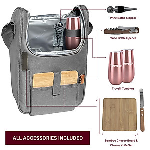 Truvelli Insulated Wine Tote Bag: Portable 2 Bottle Cheese Waterproof Black Canvas Carrier Picnic Kit - Stopper Attachment, Plus Wooden Charcuterie Board