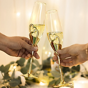 LANLONG Wedding Champagne Goblets Toasting Flute Glasses for Bride and Groom Creative Deluxe Glass Cups with Rhinestone Rimmed Heart Decoration Gift Set