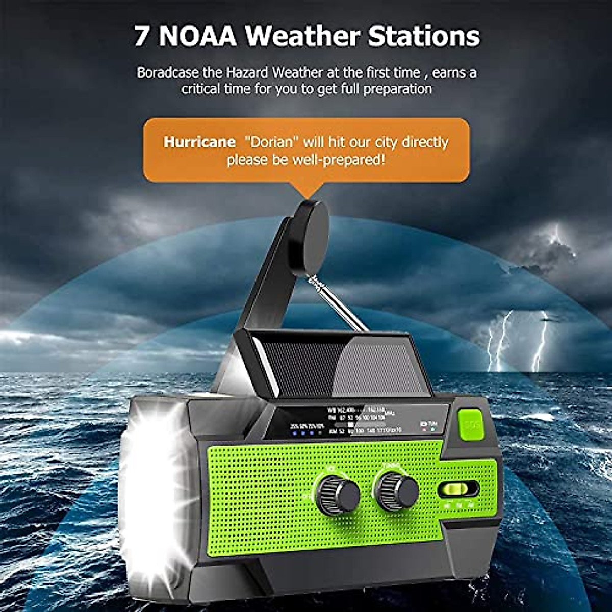 【2023 Upgraded】Emergency Solar Hand Crank Radio, 4000mAh Portable Weather Radio, AM/FM/NOAA, 3 Gear LED Flashlight, Motion Sensor Reading Lamp, Phone Charger, SOS Alert & Compass for Home and Outdoor