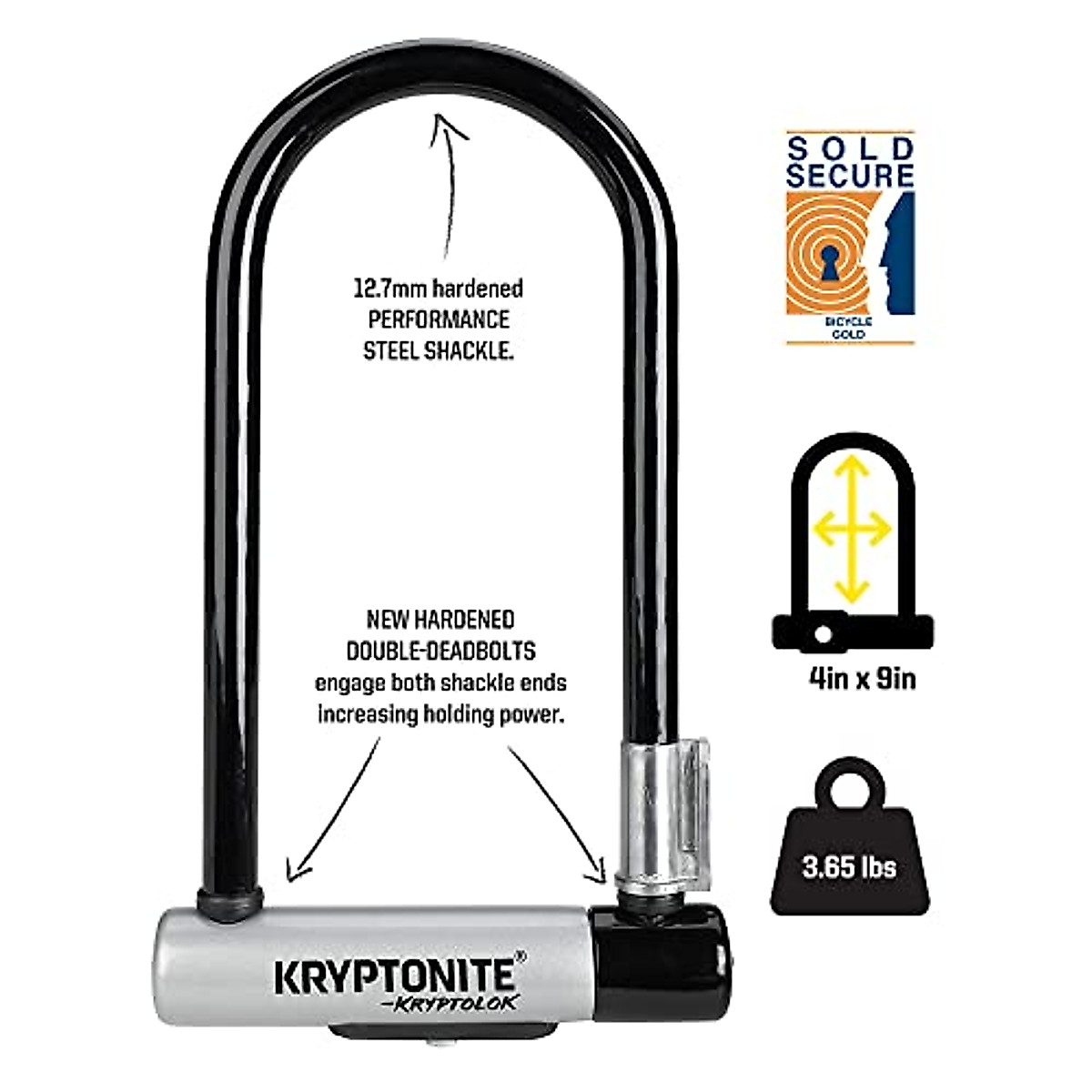 Kryptonite Kryptolok Standard Bike U-Lock with Cable, Heavy Duty Anti-Theft Bicycle U Lock, 12.7mm Shackle and 10mm x 4ft Length Security Cable with Mounting Bracket and Keys