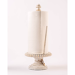 Mud Pie 47100002 Farmhouse Washed Beaded Wood Pedestal Paper Towel Holder, 16" x 6" Dia, White, Grey