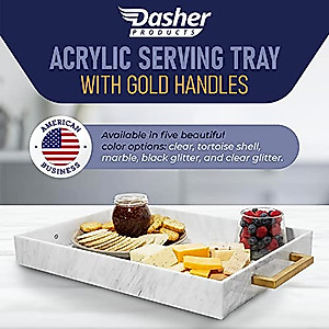 Acrylic Serving Tray with Gold Handles, 16" x 12" Decorative Trays for Coffee Table, Spill Proof Food and Drinks Server, Ottoman Tray for Countertop, Kitchen, Vanity, Serving Party Platter (Marble)