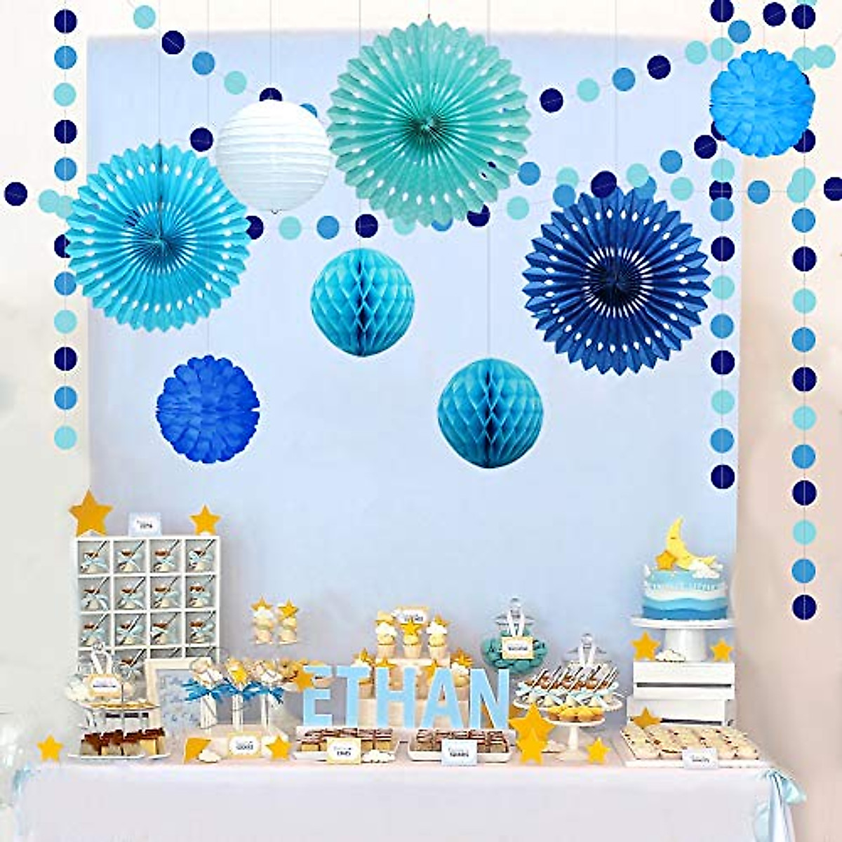 Decor365 Under The Sea Theme Blue Party Decorations Circle Garlands Paper Fan Flower Tissue Pom Poms Decoration Hanging Decor for Ocean Coastal Beach Baby Shower Boy Birthday Wedding Kids Room