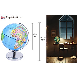 Exerz Illuminated World Globe 9.1-inch Diameter Metal Base - Political Map (Day) Constellation Globe (Night) - 2 in 1 Light up Cable Free LED lamp