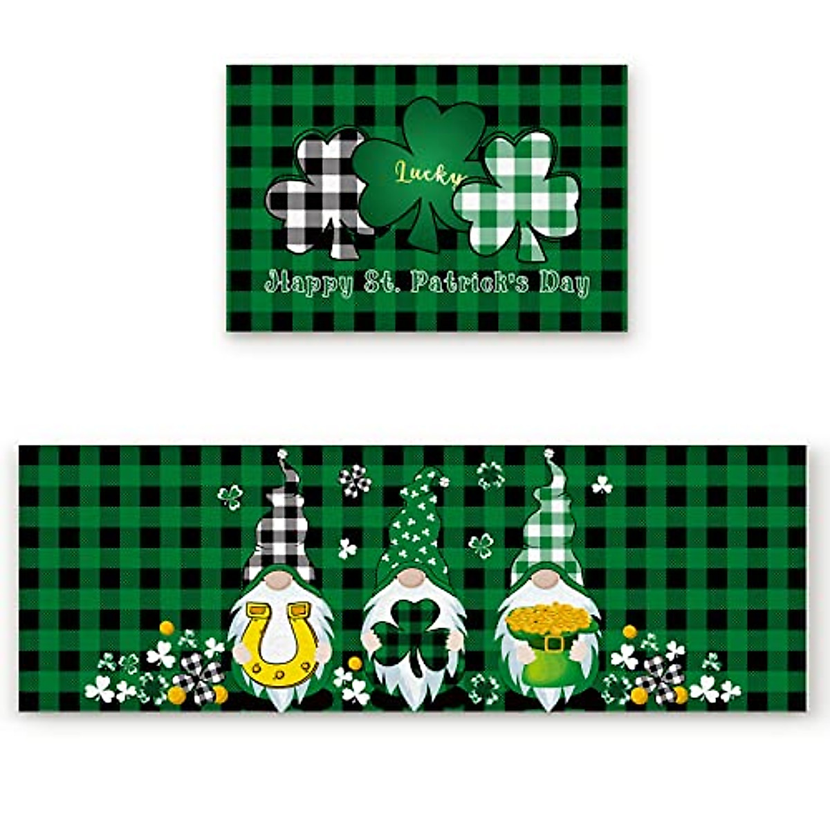 Arts Print Shamrocks Kitchen Rug Mat Set of 2,St.Patrick's Day Gnomes Buffalo Plaid Runner Rug,Non-Slip Durable Kitchen Floor Mat for Sink,15.7x23.6Inch+15.7x47.2Inch