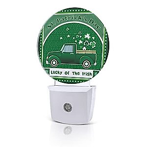 Vintage Truck St. Patrick's Day Night Lights Plug into Wall, Green Lucky Irish Auto Round LED Lights with Dusk to Dawn Sensor for Bedroom, Bathroom, Hallway, Kitchen, Kids, Home Decor
