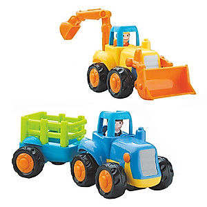 IQ Toys Friction Powered Cars, Push and Go Toy Trucks Construction Vehicles Toys Set for 1 2 3 Year Old Baby Toddlers Bulldozer, Tractor, Early Educational Gifts 2PCS