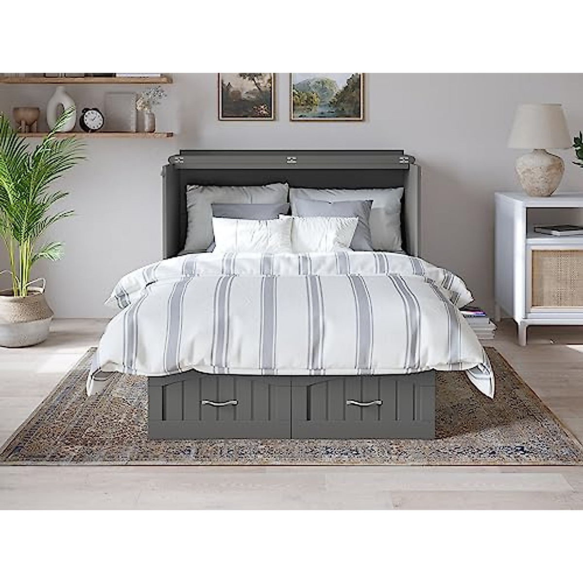 AFI, Nantucket Murphy Bed Chest with 6 inch Memory Foam Folding Matttress, Built-in Charging Station and Storage Drawer, Full, Grey
