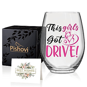 Pishovi This Girls Got Drive Wine Glass with Gift Box, Funny Stemless Glass, Golf Gifts for Women, Feminists, Christmas Anniversary Birthday Gifts for Mom Aunts Sisters Golf Lovers