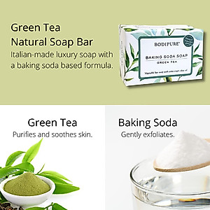 Bodipure Green Tea Bar Soap - Refreshing and Moisturizing Soap For Face and Body - With Olive Oil and Baking Soda 4.4 Ounces, 3 Bars