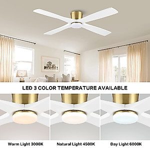 WINGBO 60 Inch Flush Mount DC Ceiling Fan with Lights and Remote, 4 Reversible Carved Wood Blades, 6-Speed Noiseless DC Motor, Hugger Ceiling Fan in Brass Finish with White Blades, ETL Listed