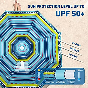 FEFLO Beach Sand Umbrella Portable Outdoor: 7ft Arc Length 6.5ft Diameter Large Striped Heavy Duty Wind Proof UV 50+ Parasol with Anchor Adjustable Tilt Pole 8 Ribs Carry Bag Lightweight