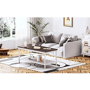 CHEEMHOM Farmhouse Coffee Table - 43" Oblong Solid Wood Table with Storage Shelf, Rustic Vintage Living Room Table Brown/White