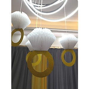 Engagement Party Decorations|Bridal Shower Supplies| Honeycomb Ring Hanging Decorations,Glitter Gold Diamond Ring（(3pcs),Engaged Banner Gold Glittery Letters and Diamond Ring for Party Decorations