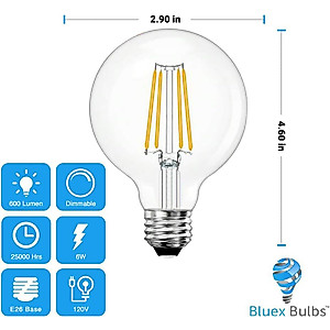 6 Pack LED G25 Globe Light Bulbs Bulbs 6W - 3000K Warm White Dimmable 60W Equivalent E26 Base 120V - Edison Vanity Light Bulbs for Bedroom, Kitchen, Vanity, Mirror Vintage (3000K - Warm White)