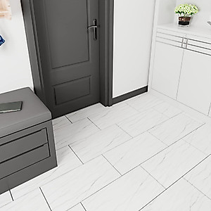 LaCheery Grey White Peel and Stick Floor Tile Marble 12x24 Inch Self Adhesive Vinyl Floor Tiles Peel and Stick Waterproof Removable Floor Tiles for Bathroom Kitchen Flooring Tiles Peel and Stick 4 PCS