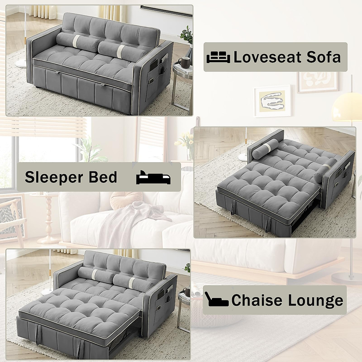 SPOWAY 3 in 1 Sleeper Sofa Couch Bed, 55'' Velvet Pull Out Bed Couch, Loveseats Sleeper with Storage Side Pocket, Adjustable Backrest and Lumbar Pillows for Living Room, Grey