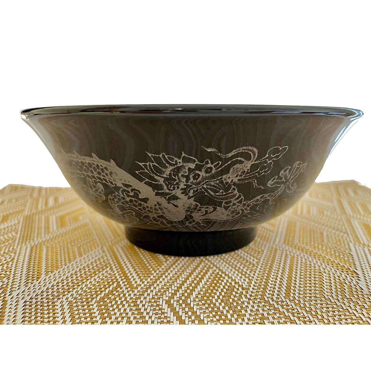 Japanese Black Glaze Silver Dragon 8.35 Inches Diameter Ramen Soup Ramen Noodle or Serving Bowl with Chopsticks