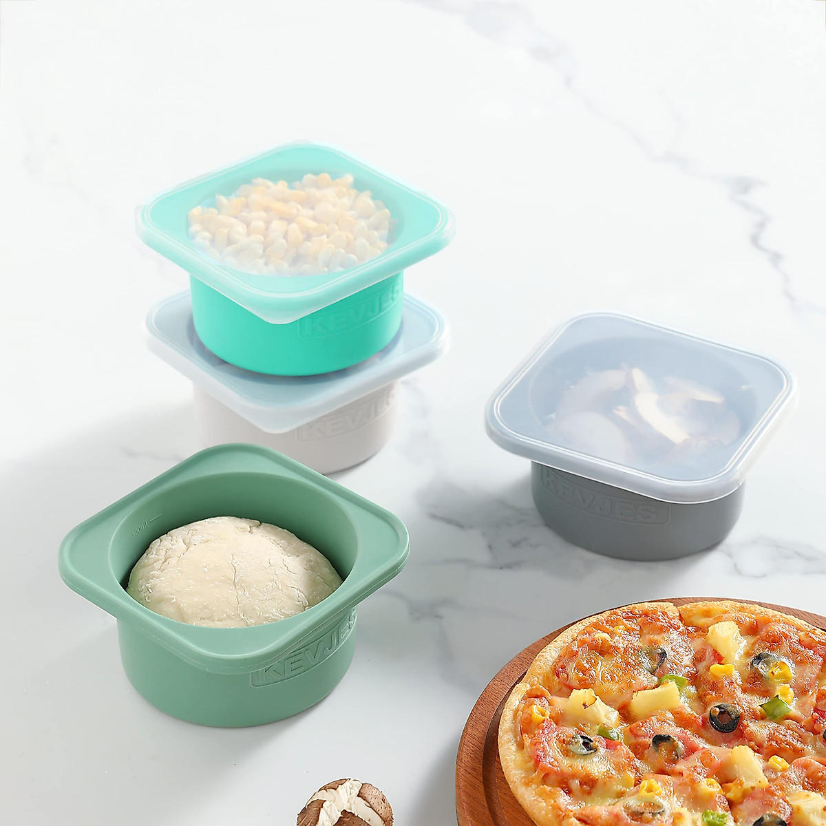 KEVJES Silicone Dough Proofing Proving Containers with Air-tight Lids-4 pack-500ml (2 Space Grey+ 2 Green)