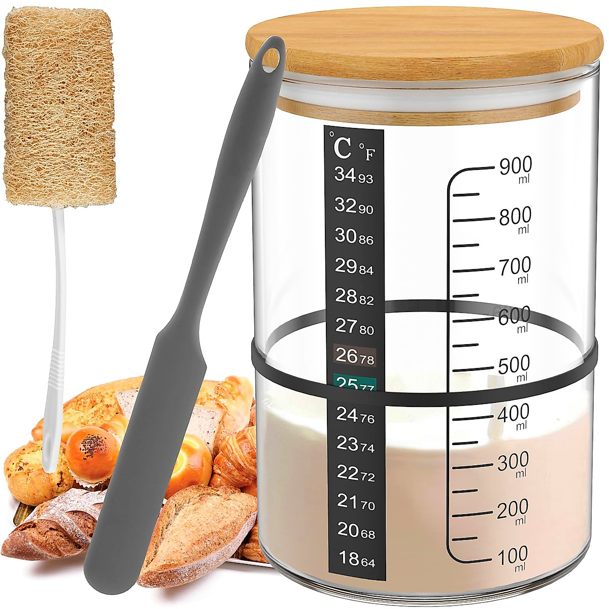 Sourdough Starter Jar Kit with Wooden Lid, 900ml/30.4oz Sourdough Starter Container, Clear Glass Sourdough Starter Cup Wide Mouth Sourdough Jar Kit with Spatula Rubber Band Loofah for Breads Baking