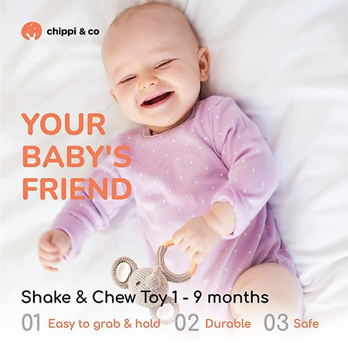 Chippi & Co Wooden Crochet Baby Rattle, Crochet Toys Stuffed Animals Easter Gifts for Kids, Wooden Newborn Toys, Easter Basket Stuffers, Basket Filler, Baby Shower Decor (Eddy The Elephant)