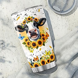 JENOIS Just A Girl Dairy Cow, Tumbler 20 Oz With Lid And Straw, Print Cups Floral Sunflower Handle Flower, Cow Gifts