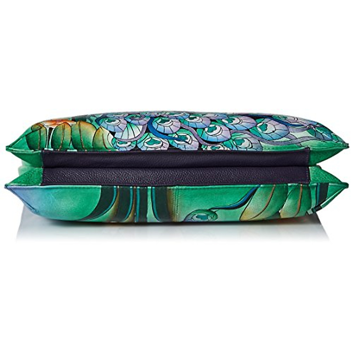 Anna by Anuschka Women's Genuine Leather Large V Top Multi-Compartment Cross Body | Hand Painted Original Artwork | Midnight Peacock