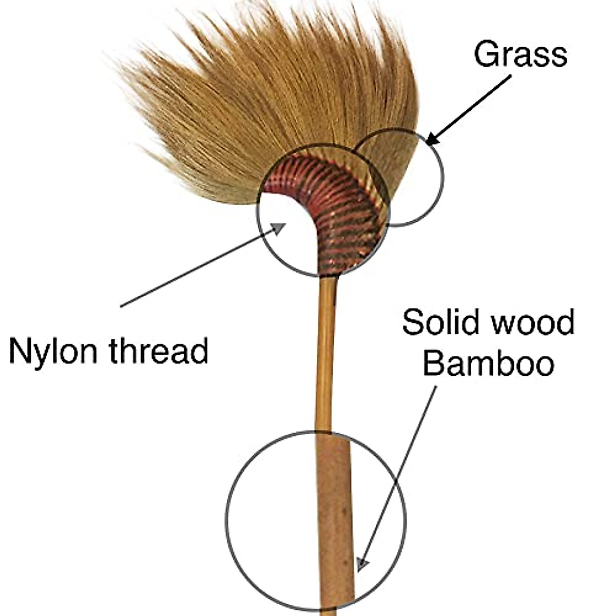 Asian Straw Broom Thai Natural Kong Grass Broom Bamboo Uca Handle for Sweeping Garbage Dust (Kong Grass)