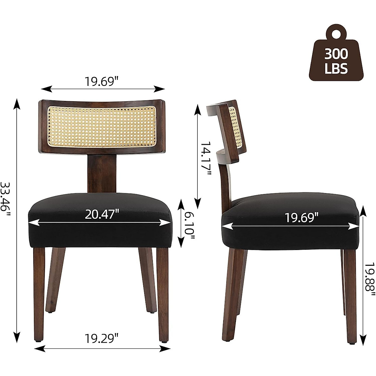 WQSLHX Rattan Dining Chairs Set of 6, Modern Kitchen Dining Room Chair with Curved Cane Back & Hardwood Frame in Dark Walnut Finish, Black Linen Upholstered