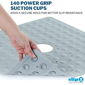 SlipX Solutions Microban-Infused Rubber Shower Mat, 21" x 21" | Anti-Slip Square Bath Mat w/ 140 Power Grip Suction Cups | Gray