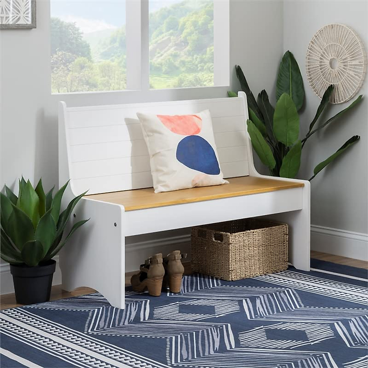 Linon Delk Wood 2 Tone Large Back Rest Bench in Honey and White