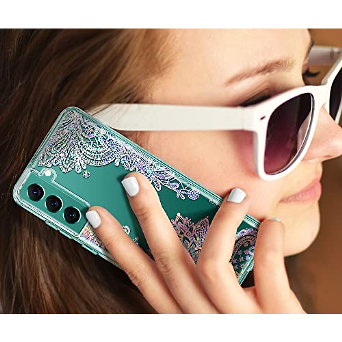 Coolwee Anti Yellowing Clear Glitter for Samsung Galaxy S22 Plus, 6.6 inch, Thin Flower Slim Cute Crystal Lace Bling Women Girls Floral Plastic Hard Back Soft TPU Bumper Protective Cover Mandala Henna