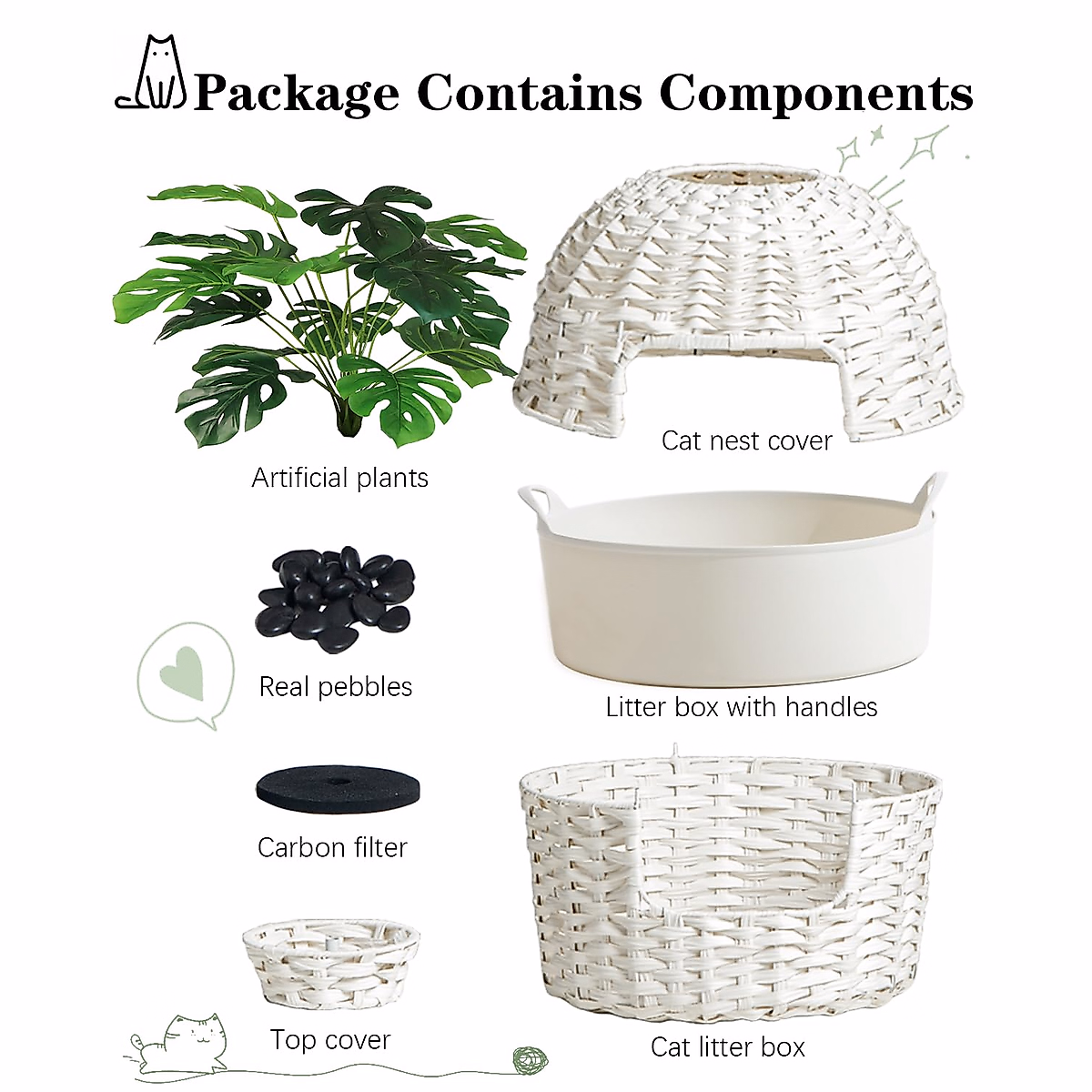 SETVSON Cat Litter Box Plant Furniture Hidden Cat Litter Box with Artificial Plants, Handwoven Rattan Cat Litter Box Enclosure with Cat Litter Box, Enclosed Plant Cat Litter Box in Living Room (White)