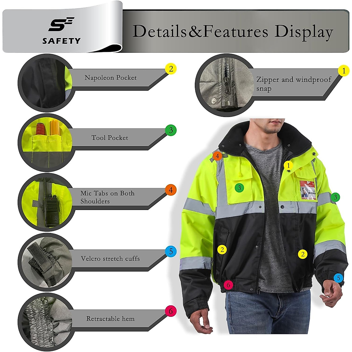 Reflective Hi Vis Winter Jacket, Safety Yellow Jackets for Men, High Visibility Work Construction Jackets