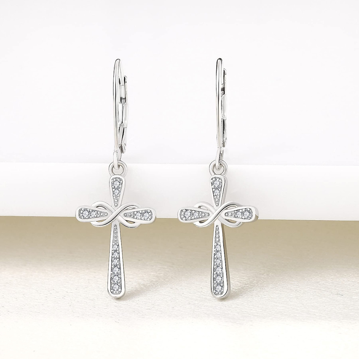 YL Cross Earrings Sterling Silver Infinity Dangle Drop Earrings Cubic Zirconia Criss Leverback Jewelry
