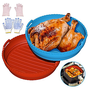 2 Pack Air Fryer Silicone Liners 8.5 Inch Foldable Silicone Air Fryer Basket Liners Reusable air fryer Silicone Pot Non Stick Food Safe Oven Silicone Baking Liners for 5 to 7 QT Air Fryer with Gloves