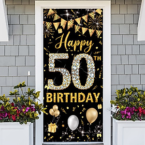 50th Birthday Decorations Door Banner, Black Gold Happy 50th Birthday Decorations Women Men, Door Cover Sign Poster Decor, 50 Year Old Birthday Party Photo Props Backdrop, Fabric 6.1ft x 3ft PHXEY