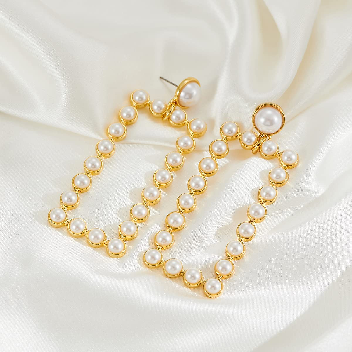 YUJIE Large Rectangle Pearl Dangle Earrings for Women 14K Gold Plated Geometric Drop Earrings Pearl Dangle Earrings