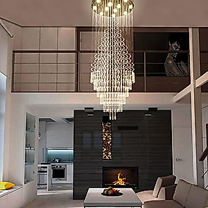 Luxury Large Foyer Chandelier, Modern 12-Lights Round Raindrop Crystal Chandeliers High Ceiling Flush Mount Light Fixtures for LivingRoom Entryway, Stairs D31.5 X H86.7 of CRYSTOP