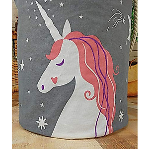 VAIVUSTO Round Laundry Basket Waterproof Canvas Large Clothes Basket Laundry Hamper with Rope Handles Cute Cartoon Kids Nursery Hamper for Kids Room Toy Storage Girls Room Decor (Gray Unicorn)