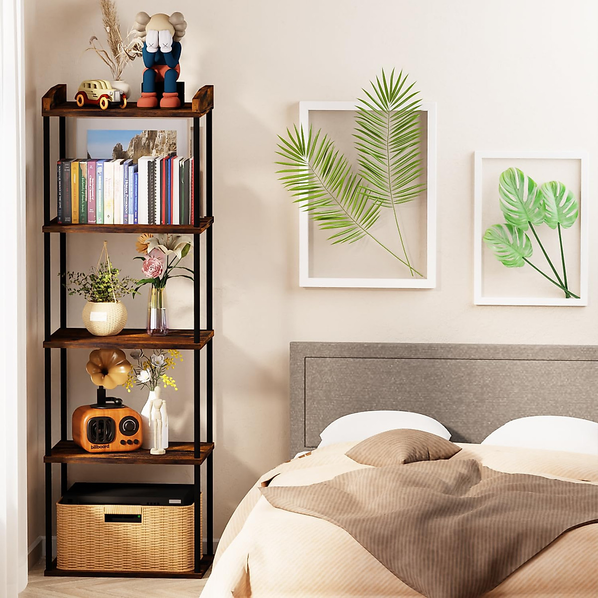 fnmobe 5-Tier Narrow Book Shelf, Tall Industrial Wood Bookcase, Vintage Storage Rack and Standing Bookshelves Display Rack for Home Office, Living Room, Bedroom, Kitchen, Rustic Brown