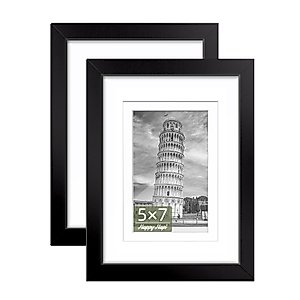 HappyHapi 5x7 Black Picture Frames, Made of Solid Wood Photo Frames, Display Pictures 3.5x5 and 4x6 with Mat or 5x7 Without Mat for Tabletop or Wall Display, 2 Pack