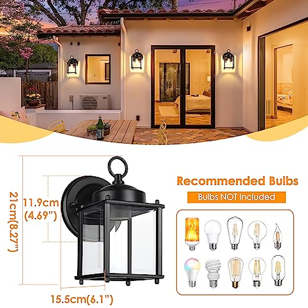 MATAMEYE Outdoor Wall Lantern, Exterior Waterproof Wall Sconce Light Fixtures, Black Front Door Wall Lighting with Clear Beveled Glass Shade, Anti-Rust E26 Socket Porch Lights for Entryway, 2 Pack