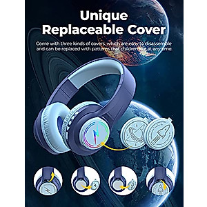 iClever TransNova Kids Bluetooth Headphones, LED Lights Up, Replaceable Plate, 74/85/94dB Volume Limited, 45H Playtime, Stereo Sound, Kids Headphones Wireless with Case for Travel iPad Tablet, Blue