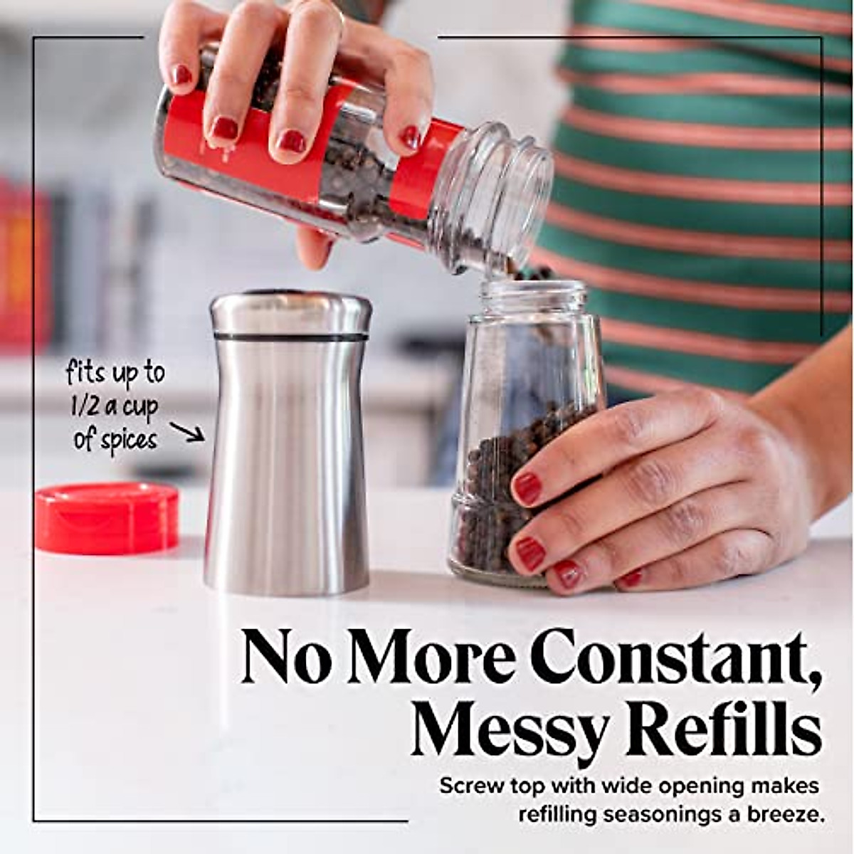 Premium Salt and Pepper Shakers with Adjustable Pour Holes - Elegant Stainless Steel Salt and Pepper Dispenser - Perfect for Himalayan, Kosher and Sea Salts - Spices