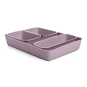 Superio Ribbed Collection - Decorative Plastic Desk Drawer Organizer Tray, Lilac Purple (Set of 5) Open Home Storage Bins Organizer Baskets, for Organizing Closet Shelves Drawer Shelf