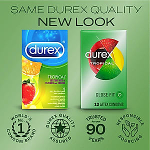 Durex Tropical Condoms, Natural Rubber Latex Condoms for Men, FSA & HSA Eligible, Exciting Flavors, 12 Count (Pack of 3)