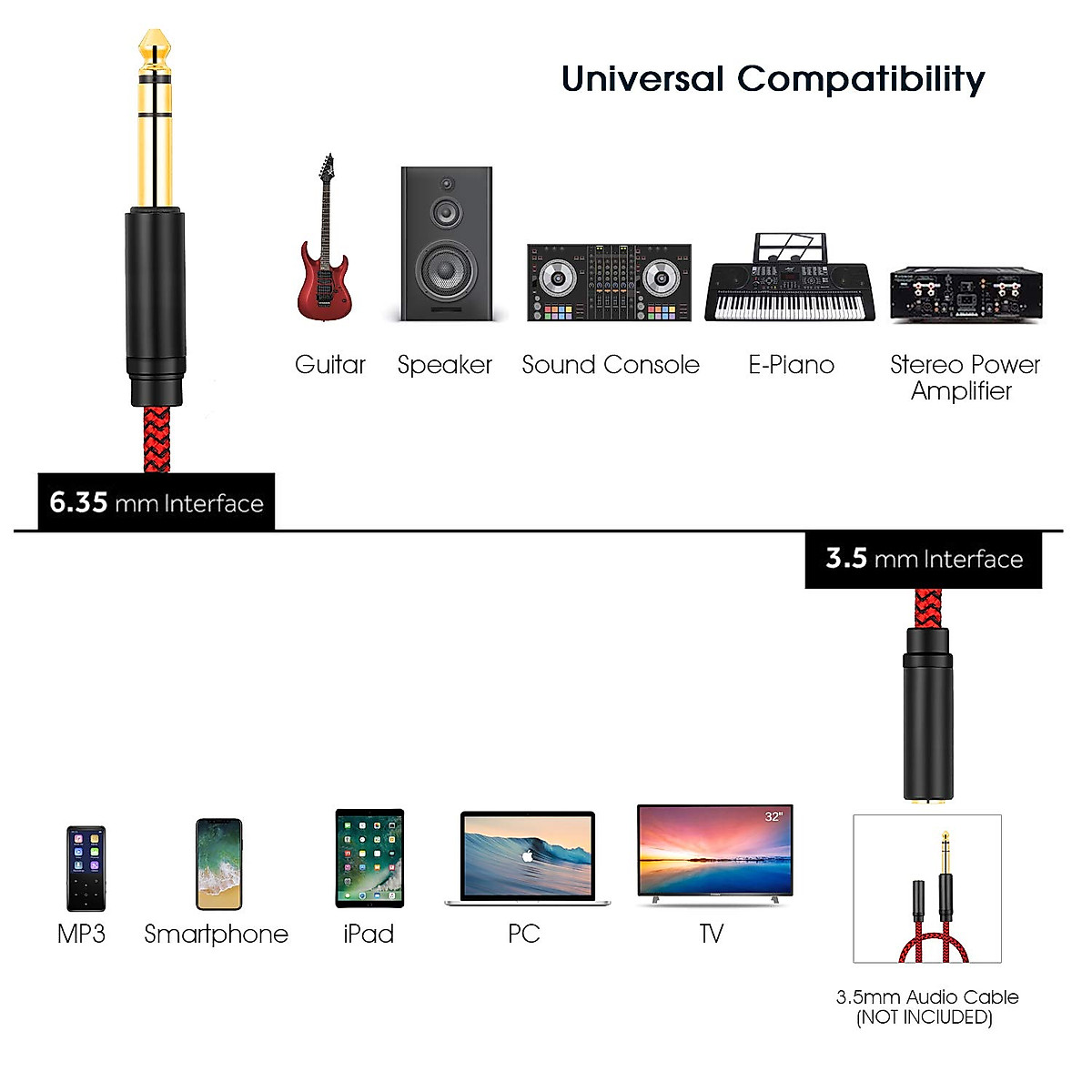WERPOWER 25Ft 6.35mm to 3.5mm Headphones Adapter, Universal Stereo Extension Cable for Amplifiers, Guitar Amp, Piano, Home Theater Devices, Mixing Console