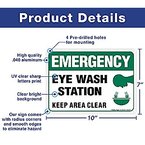 (2 Pack) Emergency Sign, Eye Wash Station Sign, Keep Area Clear Sign, 10 x 7 Inches .40 Rust Free Aluminum, UV Protected, Weather Resistant, Waterproof, Durable Ink，Easy to Mount
