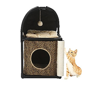 BORUIMA Cat Houses for Indoor Cats Tower House Combined with Cat Bed Cube, Peek Holes, Scratching Post & Dangling Toy